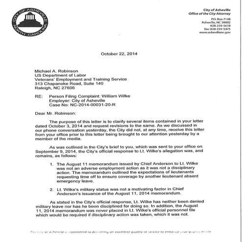 Asheville City Attorney's letter to the Dept. of Labor | PDF