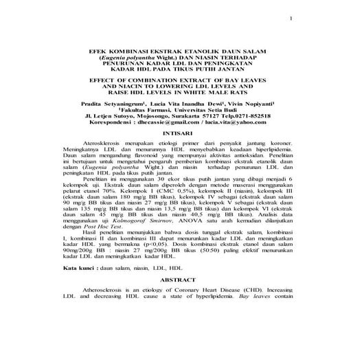 EFFECT OF COMBINATION EXTRACT OF BAY LEAVES AND NIACIN TO LOWERING LDL LEVELS AND RAISE HDL ...