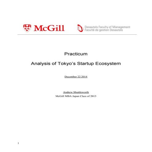 2014 Analysis of the Tokyo Startup Ecosystem (Andrew Shuttleworth) | PDF