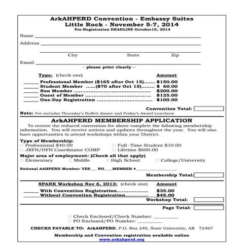 2014 convention pre registration form ark ahperd membership& spark | PDF