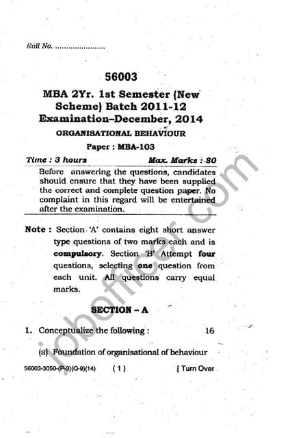 Organisational Behaviour MBA Question Paper | PDF