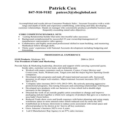 Patrick Cox for profit resume | DOCX | Sales | Business
