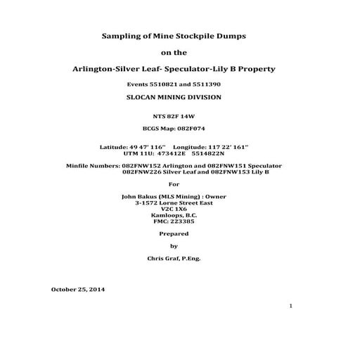 2014 Slocan City Arlington Silver Stockpile British Columbia ...