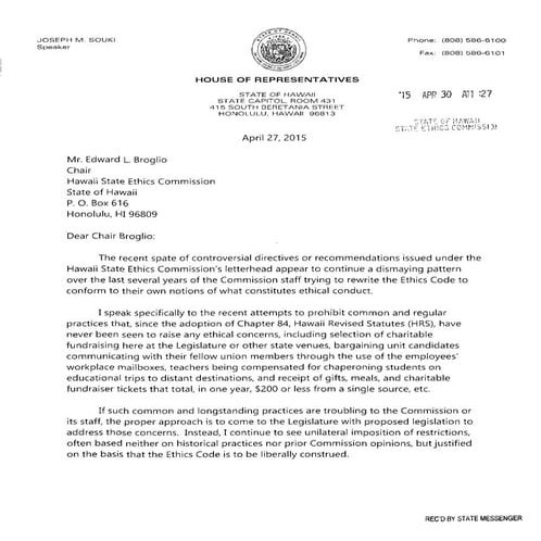 Speaker Souki letter to Ethics Commission April 2015 | PDF