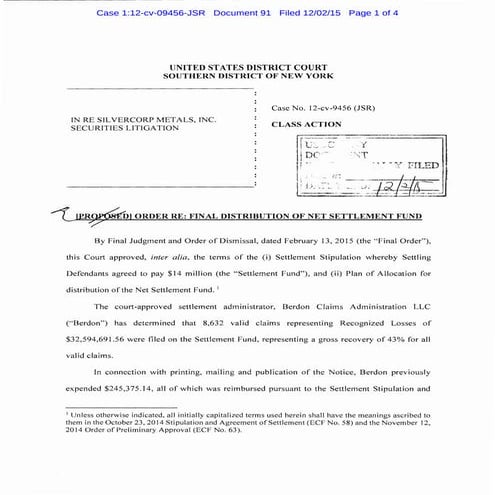 SilverCorp Class Action Settlement Agreement | PDF