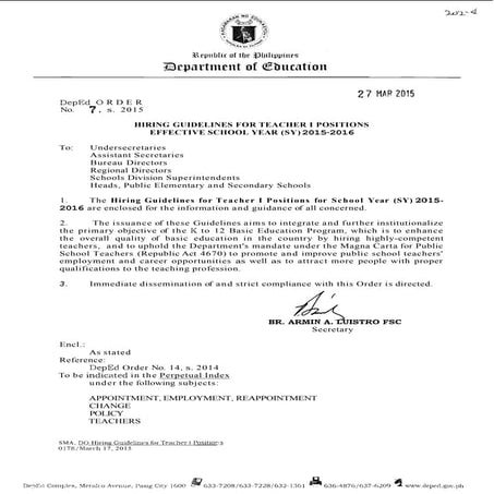 2015 Hiring Guidelines for Teacher 1 Position in the Department of ...