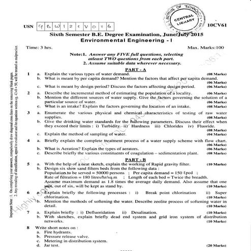 6th Semester (June; July-2015) Civil Engineering Question Paper | PDF