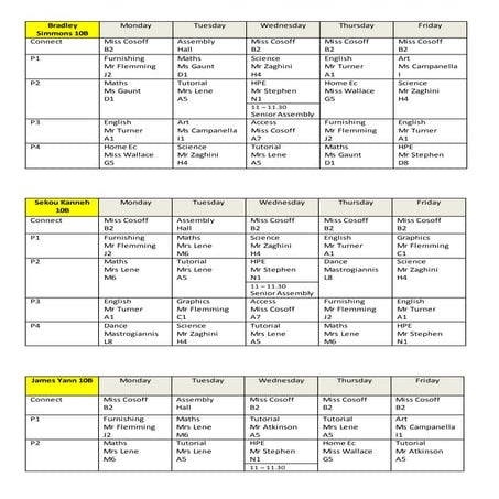 2015 student timetables summary | DOCX