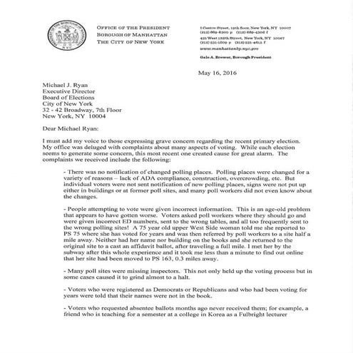 Letter of Concern to Board of Elections Regarding Voters' Problems During Presidential Primary ...
