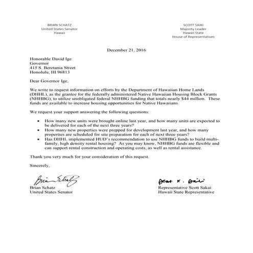 Letter from Schatz, Saiki to Ige, DHHL | PDF