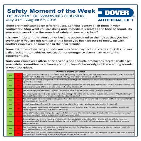 Dover ALS Safety Moment of the Week 02-Aug-2016 | PDF