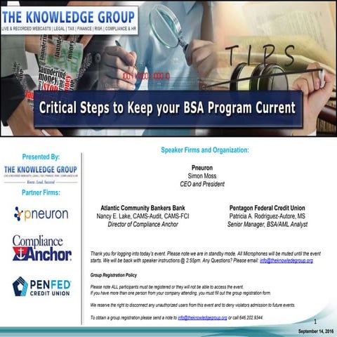 Webinar Slides: Critical Steps to Keep your BSA Program Current | PPT