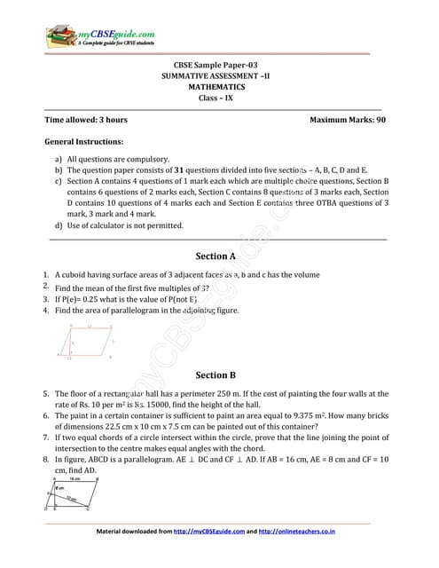 class 10 cbse math sample paper standart paper | PDF