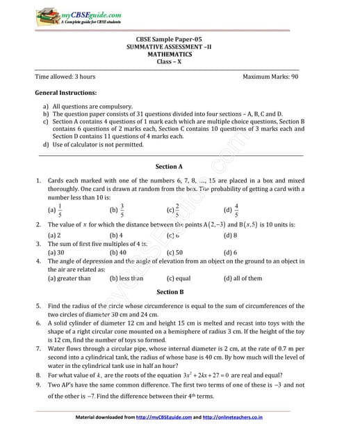 Class 7 Cbse Maths Sample Paper Term 2 Model 1 | PDF