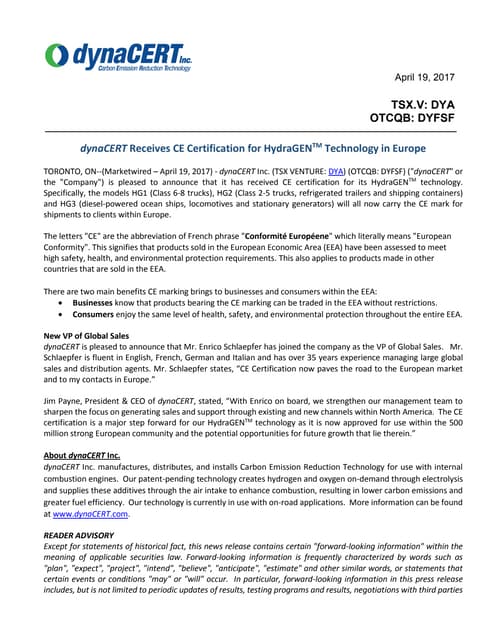 dynaCERT Provides Updates on Homologation and Product Launch in Europe ...