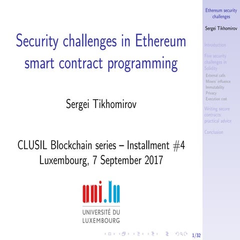 Security challenges in Ethereum smart contract programming | PPT