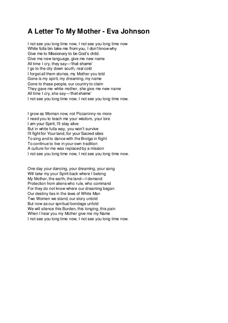 A Letter To My Mother - by Eva johnson