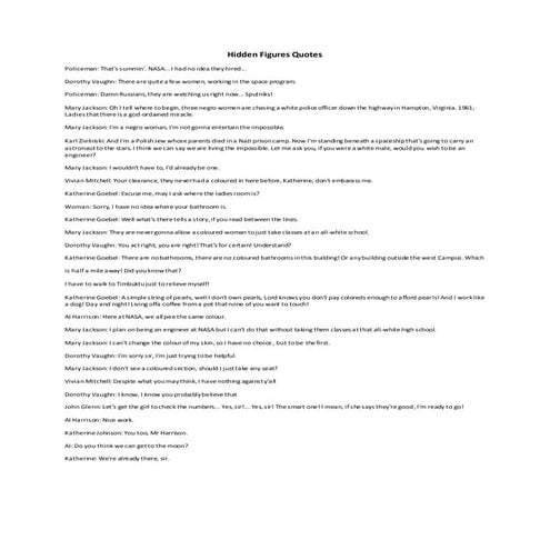 Hidden Figures Key quotes for essay writing | PDF