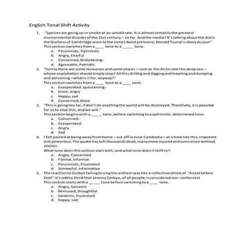 Tonal Shifts - Written Multiple Choice Test | DOCX