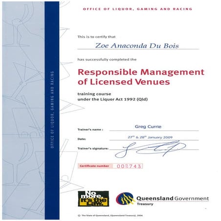 Certificate - Responsible Management of Licensed Venues | PDF