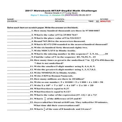 Grade 2 Math MTAP Reviewer | PDF