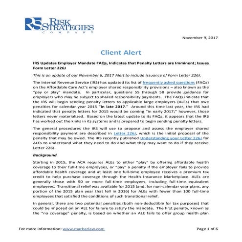 Revised: IRS Updates Employer Mandate and issues Form Letter 226J. See ...