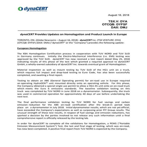 dynaCERT Provides Updates on Homologation and Product Launch in Europe ...