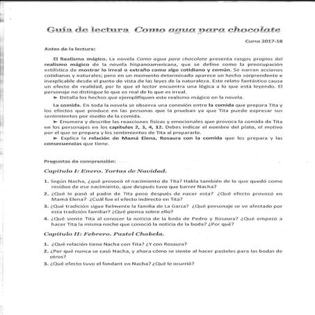 Guía de lectura. Como agua para chocolate | PDF