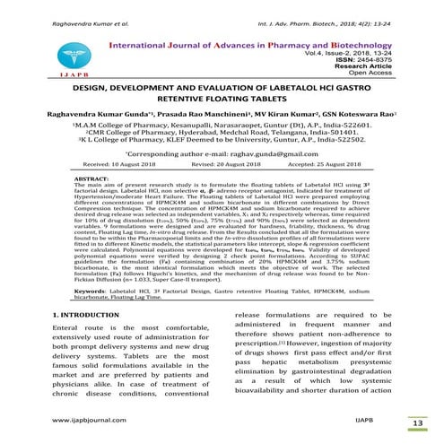 Design Development And Evaluation Of Labetalol Hcl Gastro Retentive Floating Tablets Pdf
