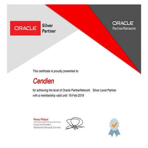 Cendien Oracle Partnership Certificate 2018 | PPT