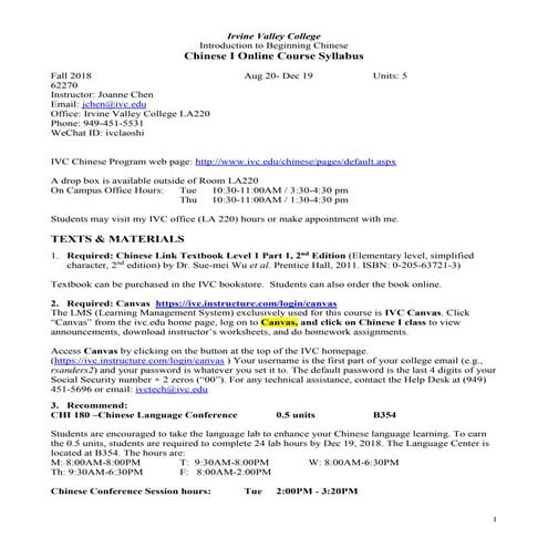 2018 Fa Chinese 1 online course syllabus | PDF