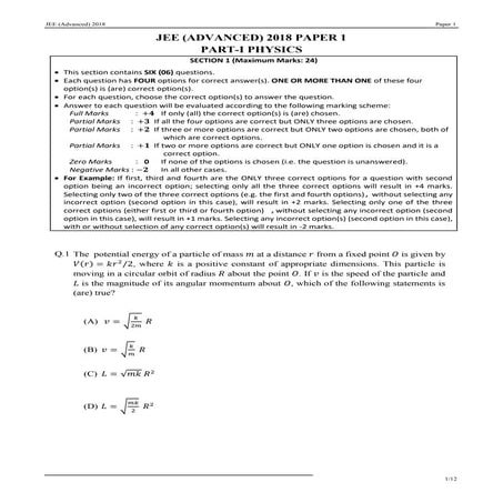 2018 JEE Advanced Paper 1 Question Papers | PDF