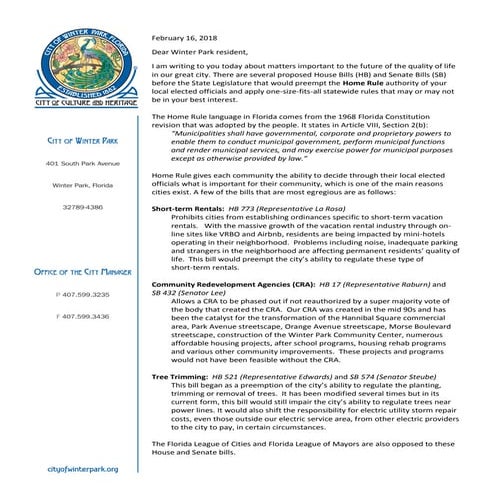 2018 legislative letter to wp residents | PDF
