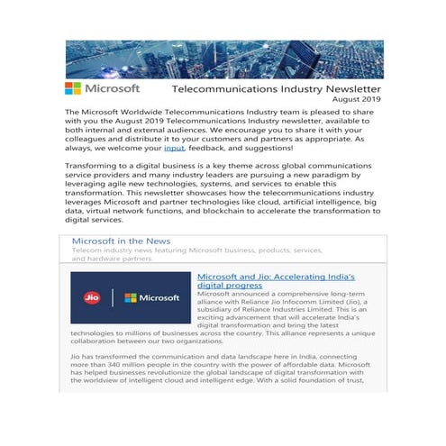 Microsoft Telecommunications Industry Newsletter August 2019 | PDF