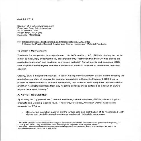 2019.04.25 FDA Complaint by ADA Against SmileDirectClub | PDF