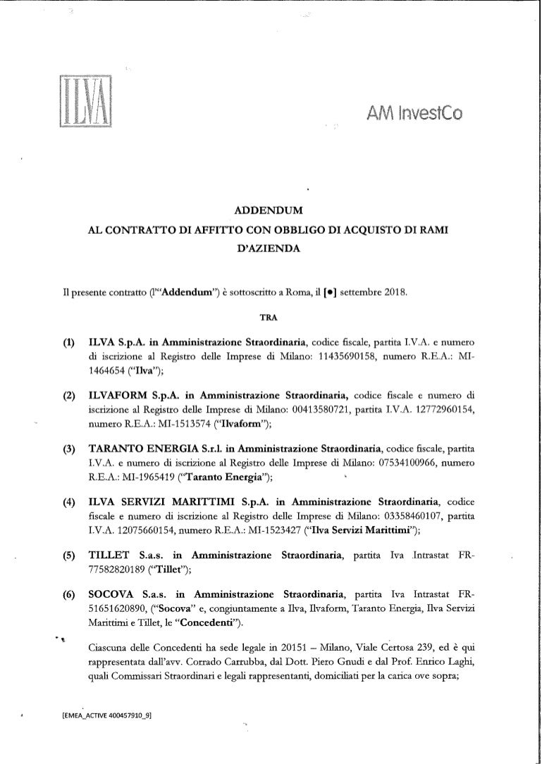 Addendum al contratto di affitto con obbligo di acquisto di rami d'az…