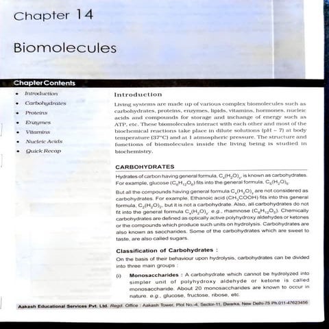 Akash Institute Biomolecules Notes Class 12 JEE Mains and Advanced | PDF