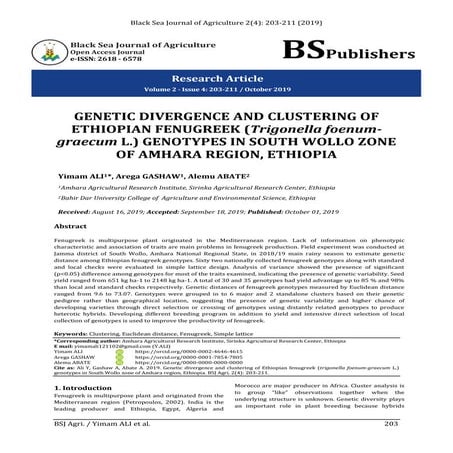 2019 Genetic Divergence and Clustering of Ethiopian Fenugreek (Trigonella foenum-graecum L ...
