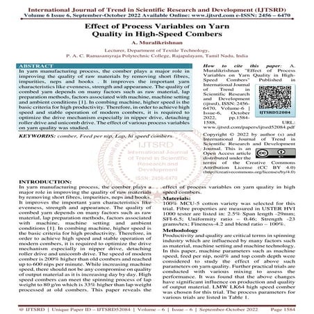 Effect of Process Variables on Yarn Quality in High Speed Combers | PDF