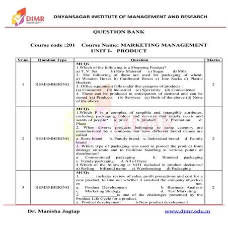 201 marketing management imp question dimr | PDF | Sales | Business