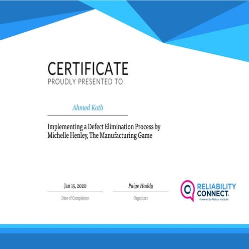 Certificate "Implementing a Defect Elimination Process" Online Course - Ahmed Said Kotb | PDF