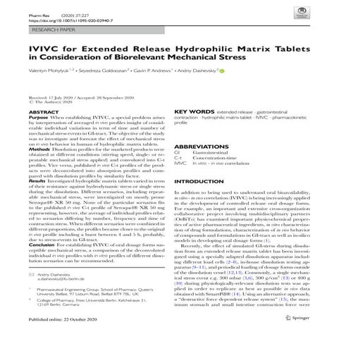 IVIVC for Extended-Release Hydrophilic Matrix Tablets in Consideration ...