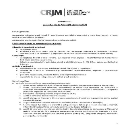 Fisa de post pentru functia de asistent administrativ | PDF