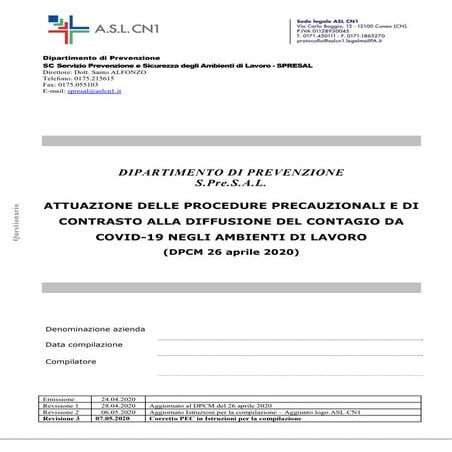 Questionario Protocollo Covid rev. 3 ASL-CN1 | PDF | Infectious Diseases | Diseases and Conditions
