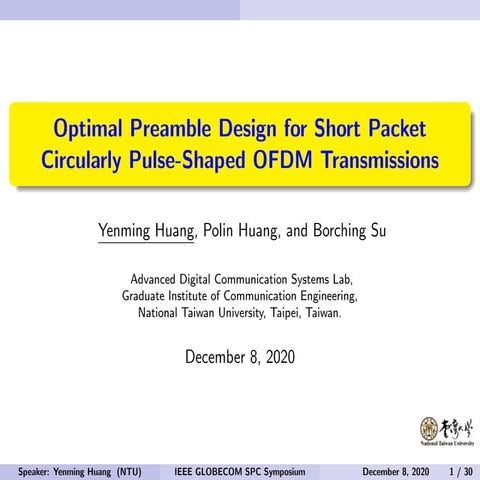 Optimal Preamble Design for Short Packet Circularly Pulse-Shaped OFDM Transmissions | PDF