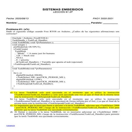 ⭐⭐⭐⭐⭐ SOLUCIÓN LECCIÓN SISTEMAS EMBEBIDOS, 2do Parcial (2020 PAO 1) | PDF