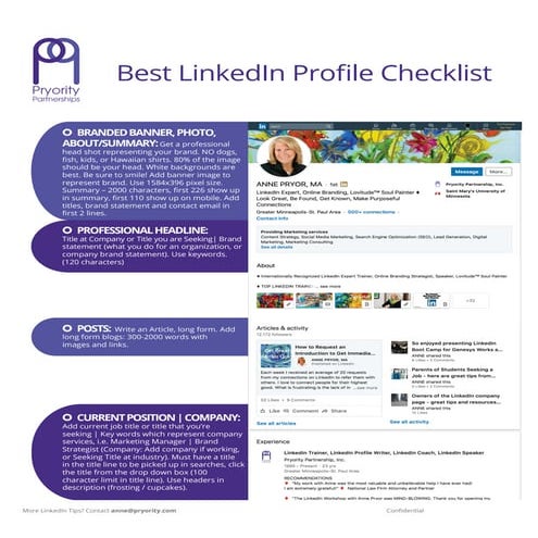 2020 Best LinkedIn Profile Checklist by Anne Pryor | PDF