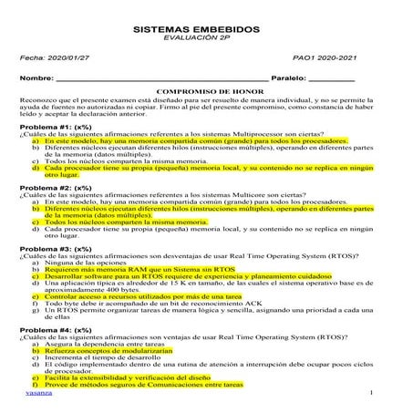 ⭐⭐⭐⭐⭐ SOLUCIÓN EVALUACIÓN SISTEMAS EMBEBIDOS, 2do Parcial (2020 PAO 2) | PDF
