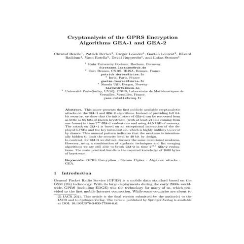 Cryptanalysis of the GPRS Encryption Algorithms GEA-1 and GEA-2 | PDF