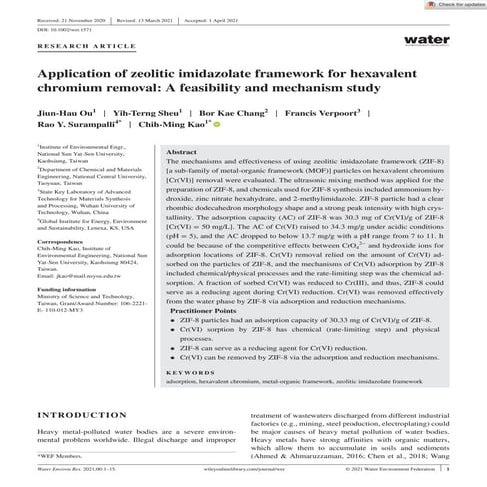 2021 - Application of zeolitic imidazolate framework for hexavalent ...